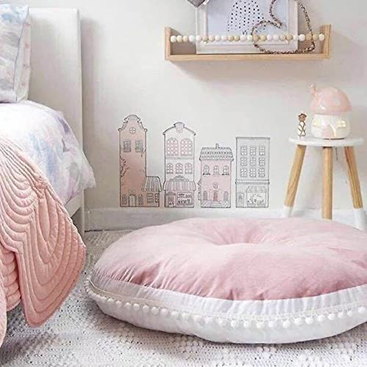 Pink Round Rug for Nursury,Pom Pom Circle Rug 3'X3' for Kids Room,Soft Cotton Carpet for Teen Girls Room, Circular Rug for Nursery Room,Crawling Mat for Baby