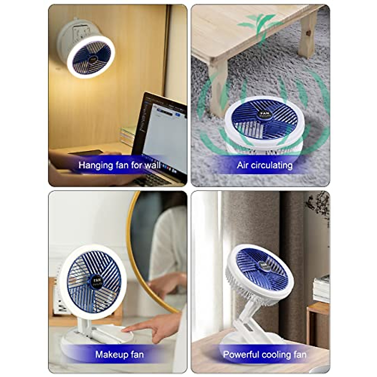 NORMIA RITA 7In Foldable Small Desk Fan with Light, Multifunction Personal Fan with Dimmable LED Light Quiet Rechargeable Portable Fan with Hanging Hook/Wall Mounted for Home Office Travel
