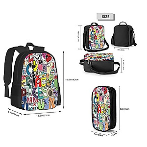FNASFIA Alphabet Lore 3 Piece Backpack Set, Cartoon Alphabet Backpack Pencil Case Lunch Bag Casual Backpack Combo Unisex