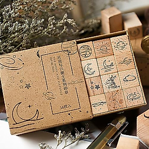 16Pcs Vintage Wooden Seal Set, Retro Rubber Stamps, Flower Moon Star Butterfly Mountain Rubber Stamps for Scrapbooking Ephemera Planner DIY Craft Card Making (Moon&Sixpence)