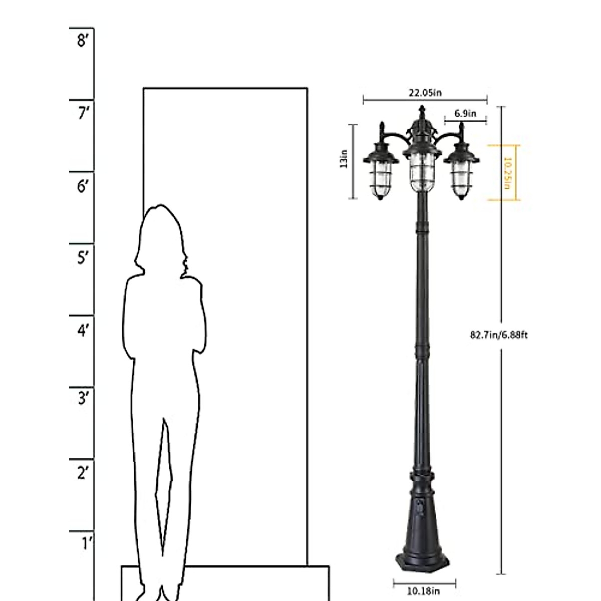 CMRCOZIRA Triple-Head Street Light with Outlet, Nautical Style Outdoor Post Light, IP65 Outdoor Lamp Post Lights with Clear Seeded Glass, Outdoor Street Light Matte Black for Street, Garden, Driveway