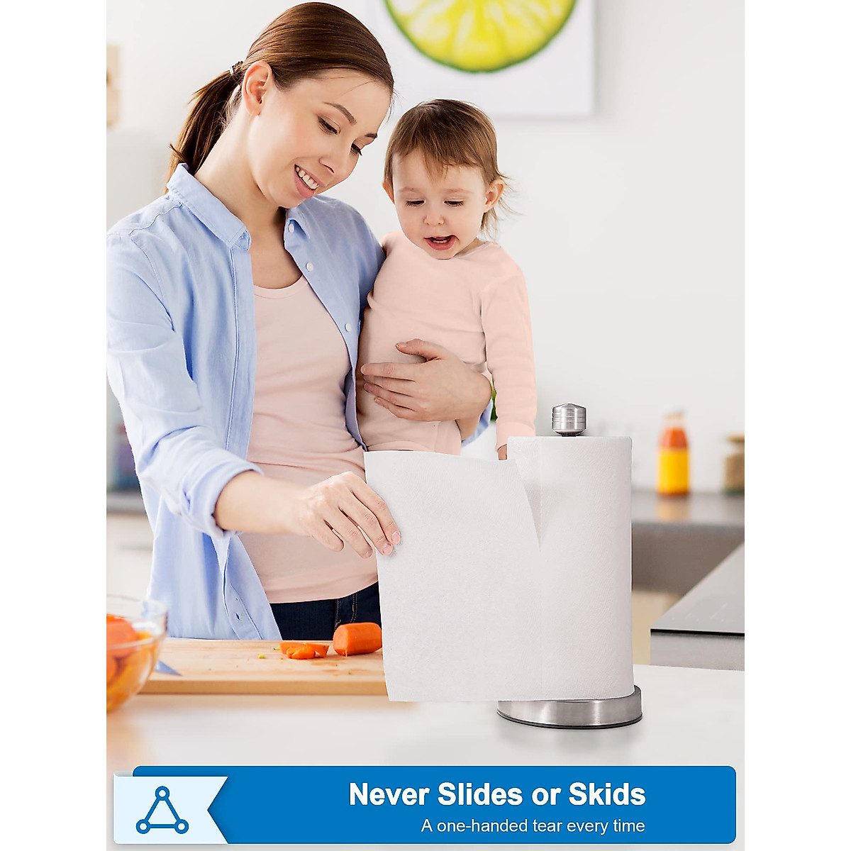 SMARTAKE Standing Paper Towel Holder, Damping Ratchet Design Paper Towel Organizer, Rustproof Toilet Paper Holder with Suction Cups, Roll Dispenser for Kitchen Countertop Home Dining Table, Silver