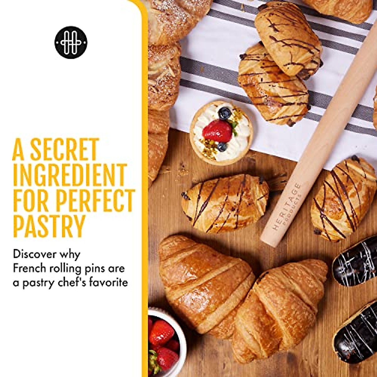 Heritage Products French Rolling Pin - Tapered Wooden Rolling Pins for Baking - Dough Roller for Fondant, Ravioli, Pastry, Pie, Bread, Dumpling