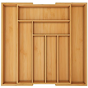 Bamboo Organizer 2 Piece Set – 8 and 5 Compartment Expandable Makeup Drawer - Drawer Dividers Organizer - Adjustable Drawer Holder for Kitchen, Silverware, Flatware, Living Room and Utensils (Natural)