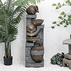 SunJet 5-Tiers Indoor/Outdoor Garden Water Fountain - 42.5inches Modern Floor-Standing Cascading Water Feature - Suitable for Deck, Patio, Porch, Yard Decor