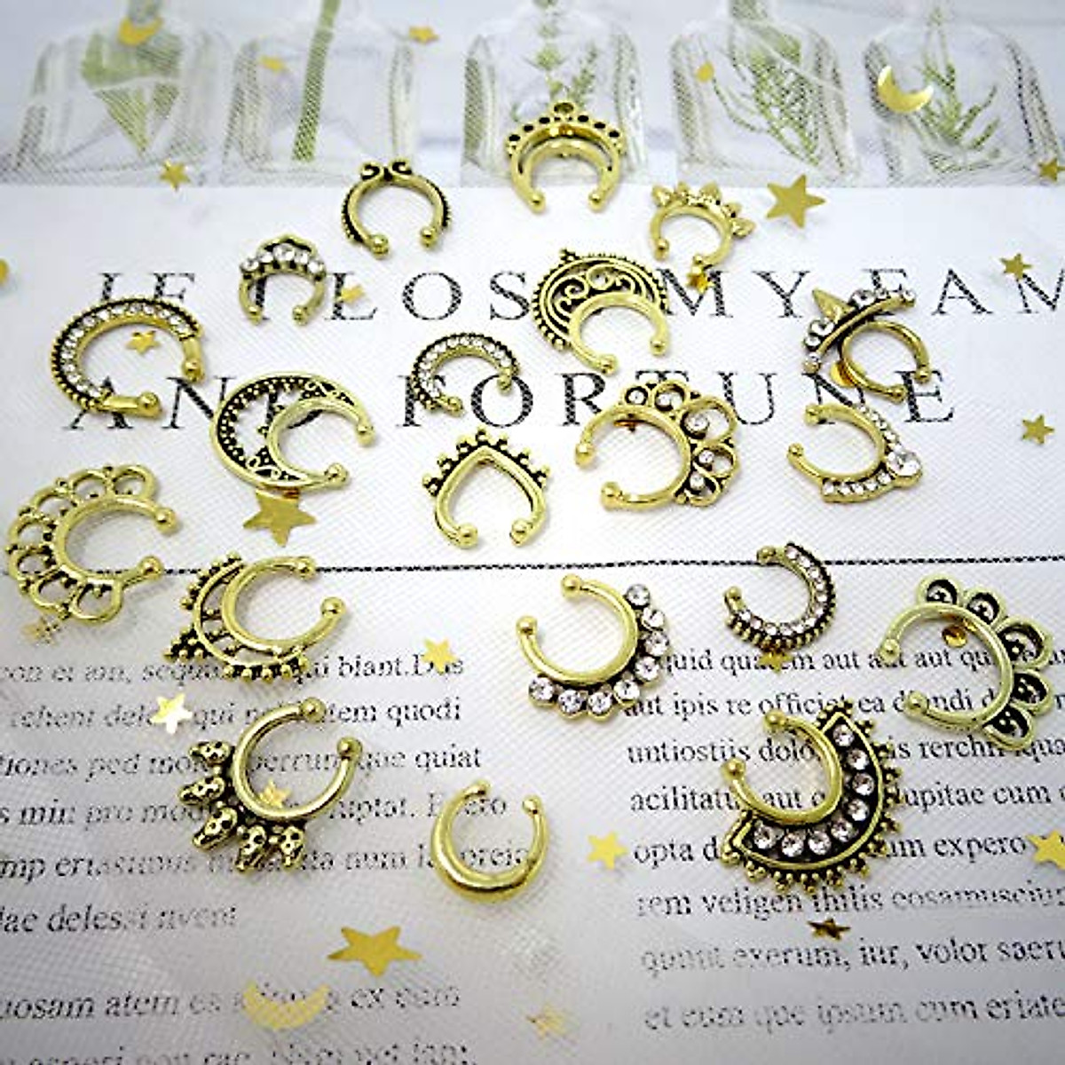 Honbay 20pcs Fake Septum Clicker Nose Ring Rhinestone Non Piercing Hanger Clip Body Jewelry (Bronze)