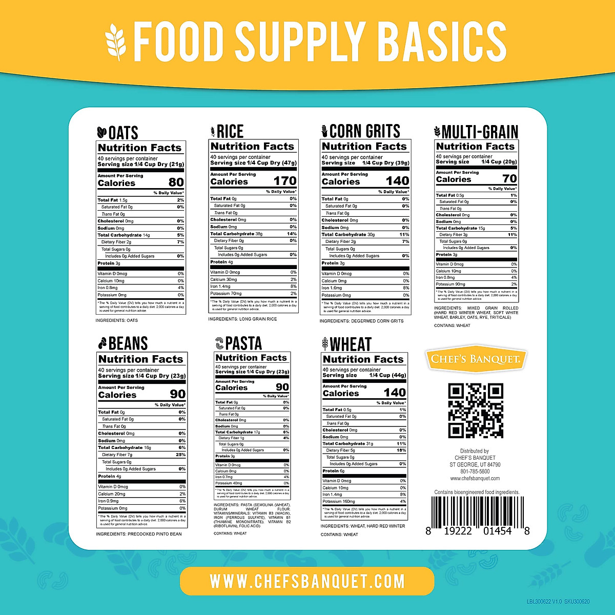 Chef's Banquet Emergency Food Supply Basics 7 Essentials (oats, rice, corn, multi-grain cereal, beans, pasta, wheat) House and Home survival food kit, Shelf Life: 25 year to 30 year