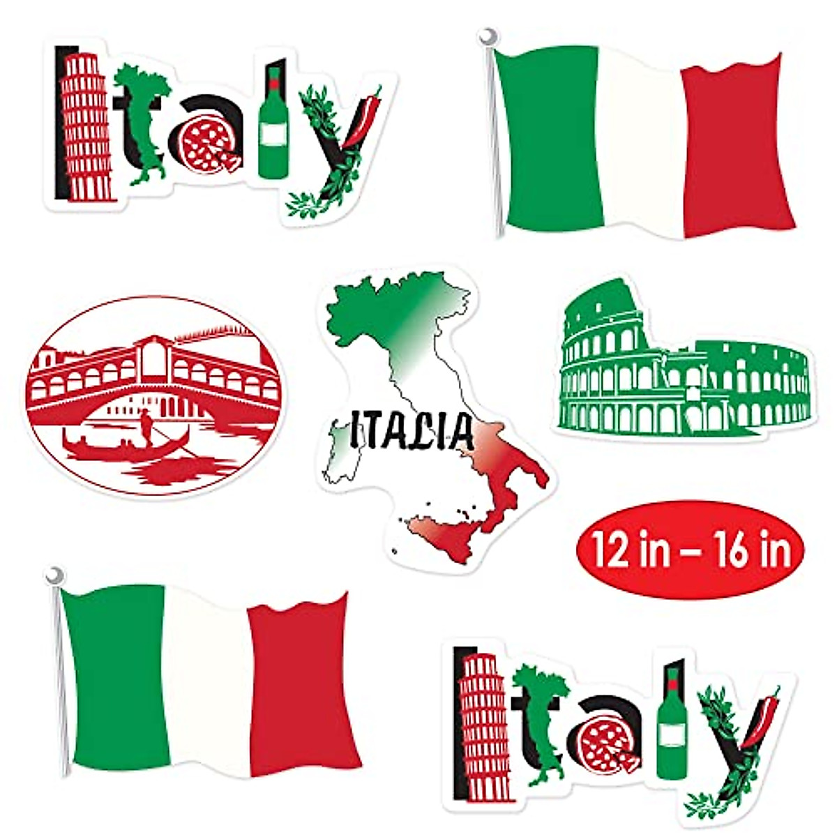 Beistle 53674 Italian Cut Outs 14 Piece Italy Decorations International Around The World Party Supplies, 12"-16", Red/White/Green/Black