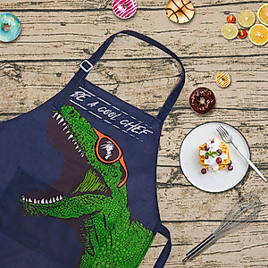 MHJY Kids Apron and Chef Hat for Boys Dinosaur Child Aprons with Pockets,Adjustable Child Apron for Cooking Baking Painting,Dark Blue,Small (3-7 Years)