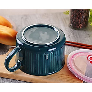 WHJY 30oz Ceramic Bowl with Lid and Handle for Soup and Instant Noodles Soup Mug, Modern Simple Style, with Heat Preservation Handle - Dark blue