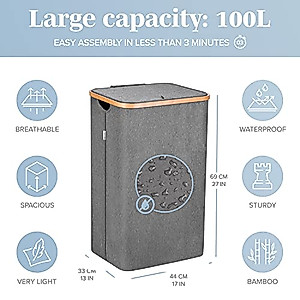 Lonbet - Grey Laundry Hamper with Lid - XL 100 L - Large Hampers for Laundry with Handles - Laundry Baskets with Lid for Bedrooms - Bamboo Bathroom Tall Laundry Bin
