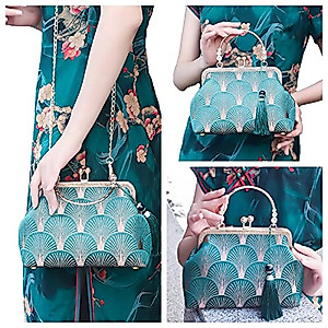 Anopo Evening Bag Tassel Satin Floral Sector Pattern Clutch Purse Crossbody Lady HandBag for Dress Wedding Party Prom Club
