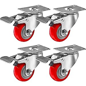 Online Best Service 4 Pack Caster Wheels Swivel Plate On Red Polyurethane Wheels (3 inch with Brake)