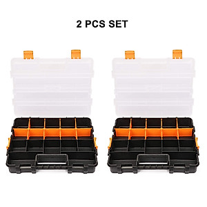 Makitoyo Tool Box Organizers, Interlocking Black Small Parts Organizer for Fasteners, Parts and Crafts w/Removable Dividers, 2 Pieces Pack, Black & Orange,15”L×11.6”W×2.6”H