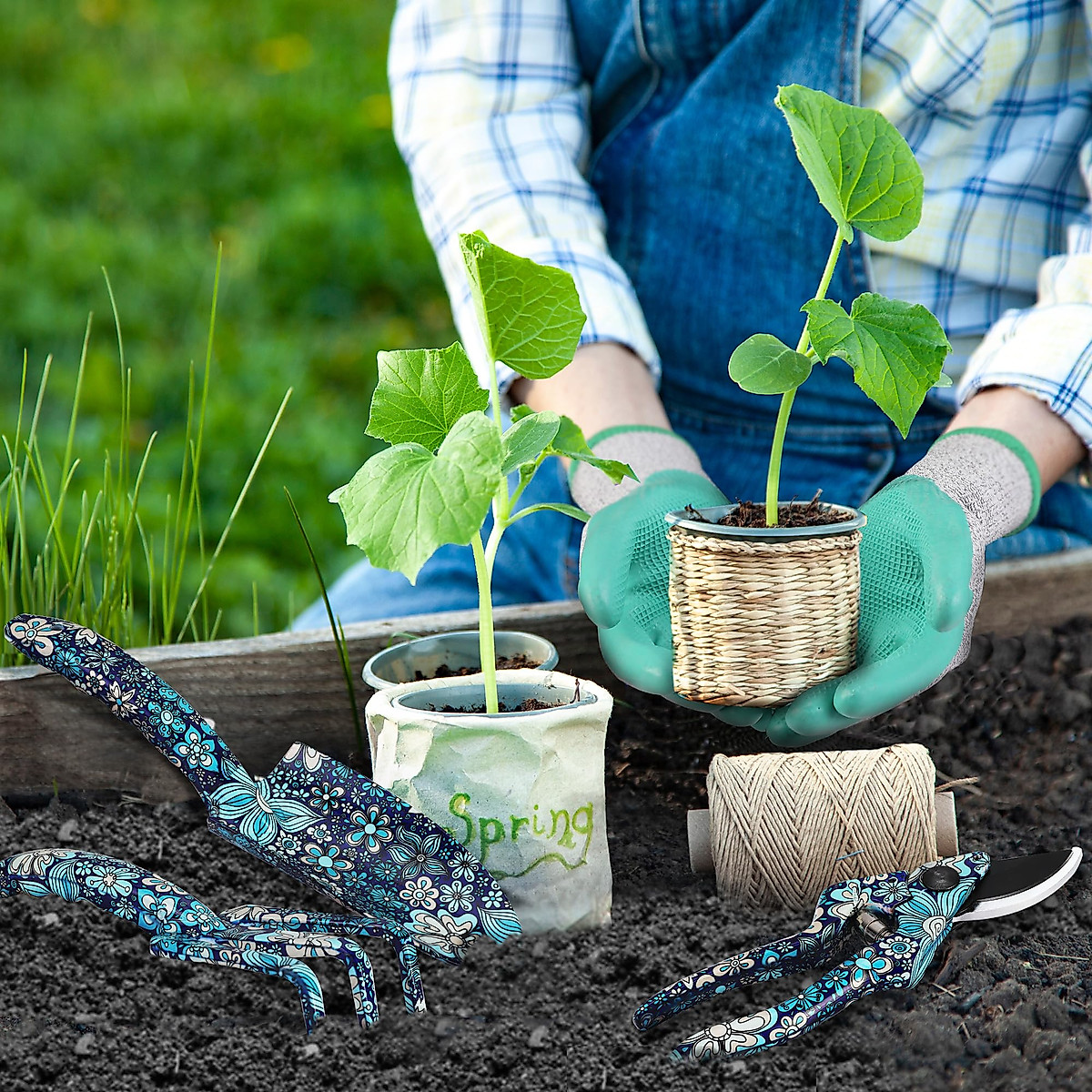 WORKPRO Garden Tool Set, 5 Pieces Gardening Work Gifts, Cast Aluminum Outdoor Hand Tools Kit for Men and Women, Including Trowel Transplanter Weeder Hand Fork Cultivator