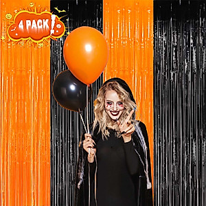 EUFARS Foil Fringe Curtains-4 Pack of 3.2x8.2ft Orange Black Foil Fringe Curtains for Birthday Halloween Photo Backdrop Party Decorations, Orange and Black Party Streamers for Photo Booth Props