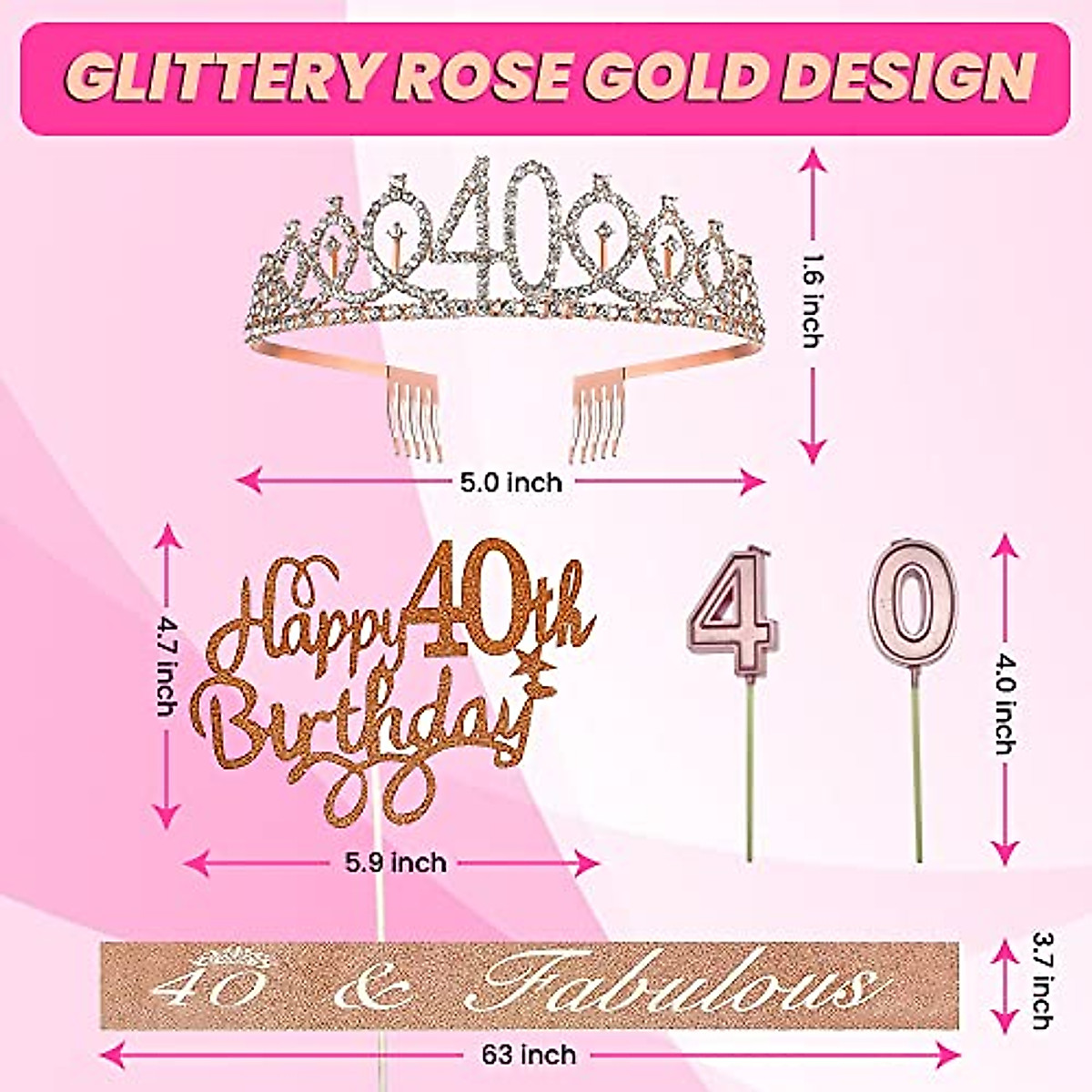 50th Birthday Decorations Women – 50th Birthday Gifts for Women – Rose Gold Happy Birthday Decorations for Girls – Includes Birthday Crown, Birthday Sash, Cake Topper – Beautiful Elegant Design (50th)