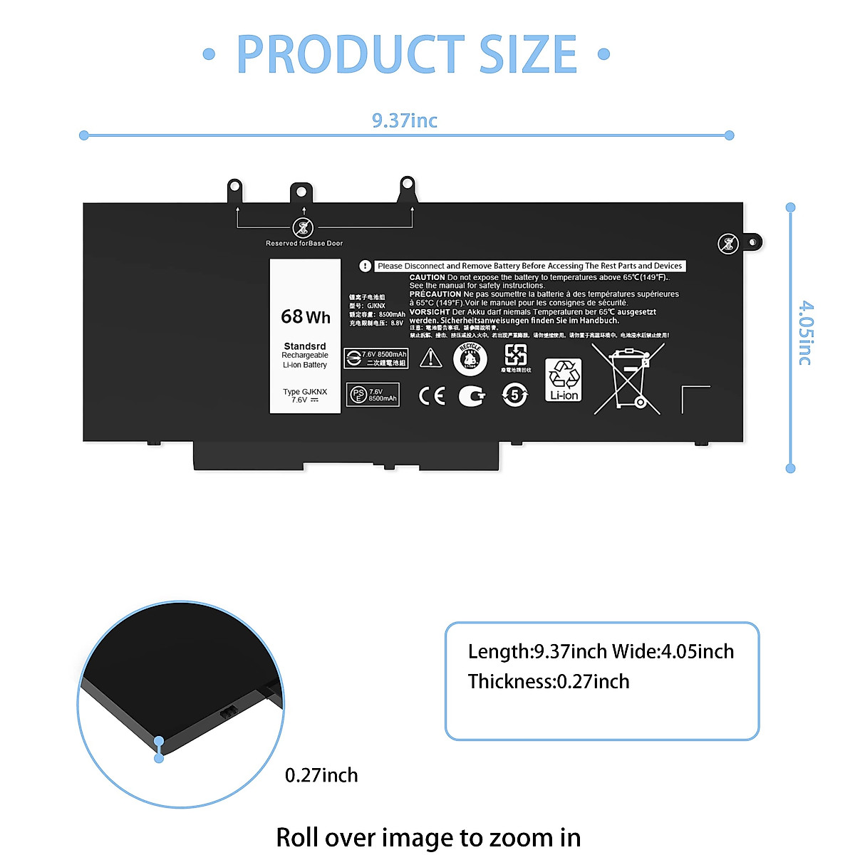 68WH GJKNX Battery Replacement for Dell Latitude 5480 5580 5280 5288 5488 5590 5591 5490 5491 5495 E5480 E5580 E5490 E5590 Precision 15 3520 3530 Series GD1JP DY9NT 5YHR4 451-BBZG 7.6V 4-Cell