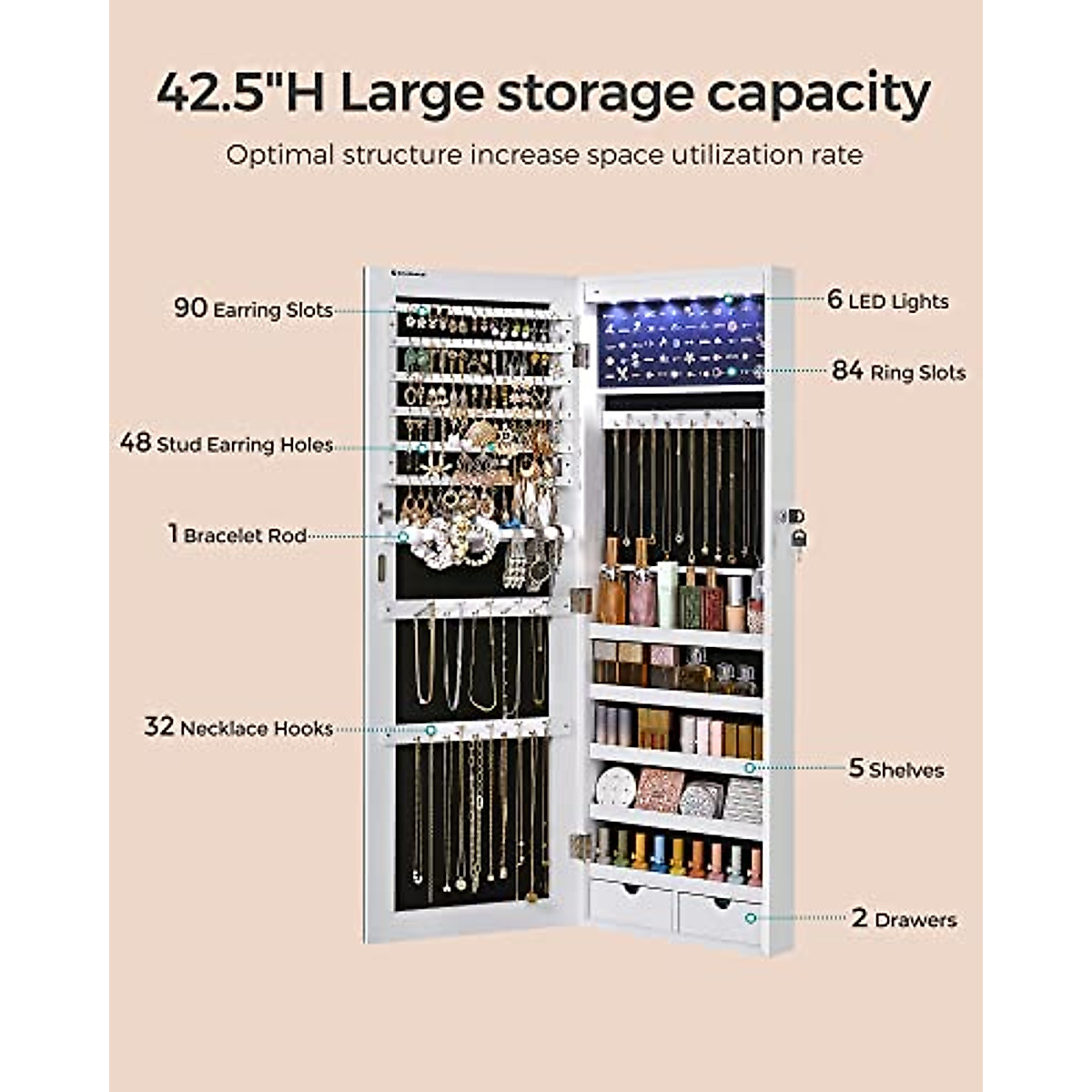 SONGMICS 6 LEDs Mirror Jewelry Cabinet, 42.5-Inch Tall Lockable Wall or Door Mounted Jewelry Armoire Organizer with Mirror, 2 Drawers, 3.7 x 14.6 x 42.5 Inches, White UJJC99WT