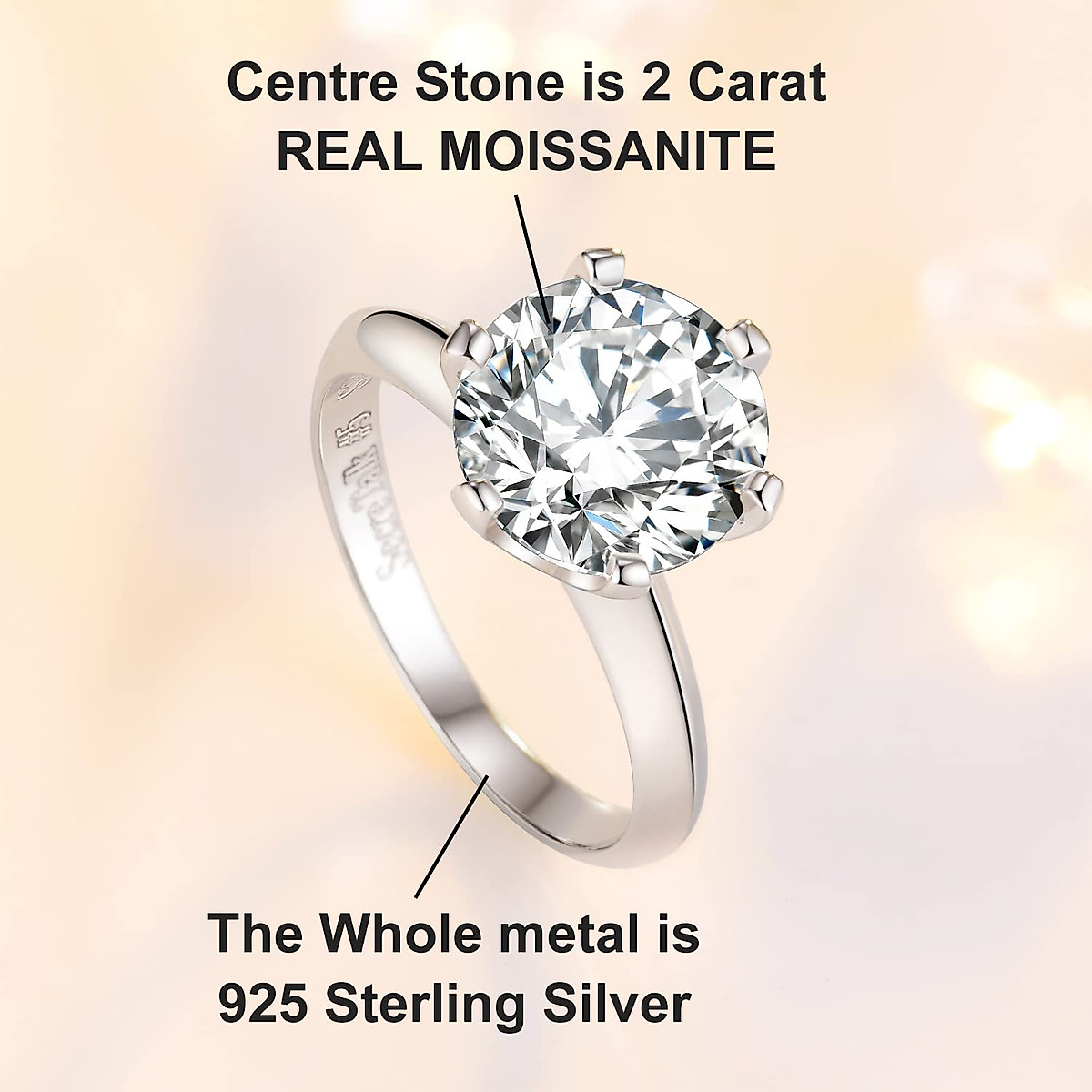 SecreTalk Moissanite Wedding Ring, Classic 2ct Engagement Ring for Women, 925 Sterling Silver D Color VVS Diamond Ring with Certificate of Authenticity (6)