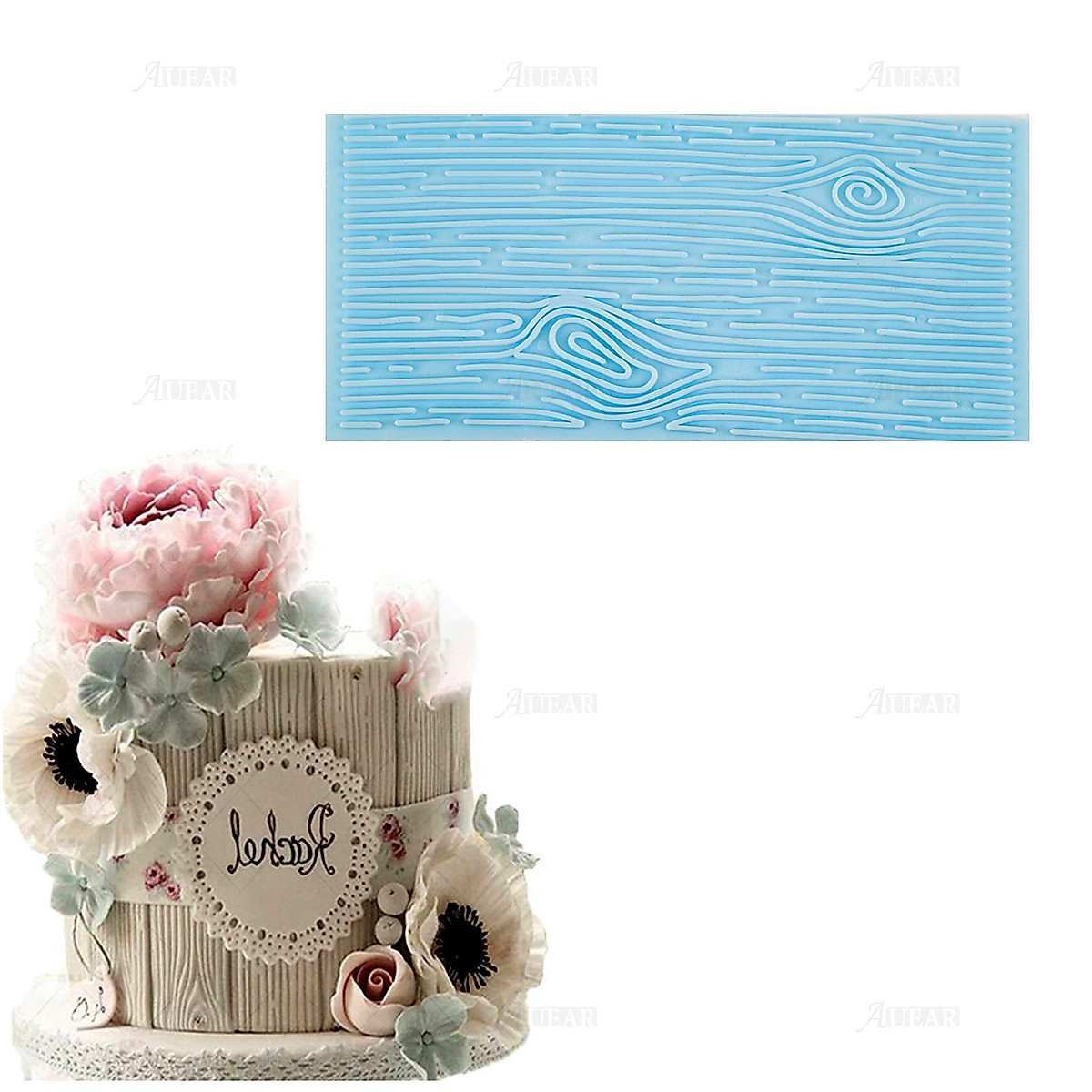 AUEAR, 6 Pack Fondant Impression Mat Mold Set Brick Wall Flower Cobblestone Embossed Tree Bark Stone Wall Texture Design for Cupcake Biscuits Top Edging Decoration