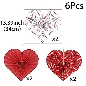 Red Heart Valentines Party Hanging Decorations Paper Fans Wedding Anniversary Bachelorette Bridal Shower Baby Shower Birthday Party Photo Backdrops Decorations, 6pc