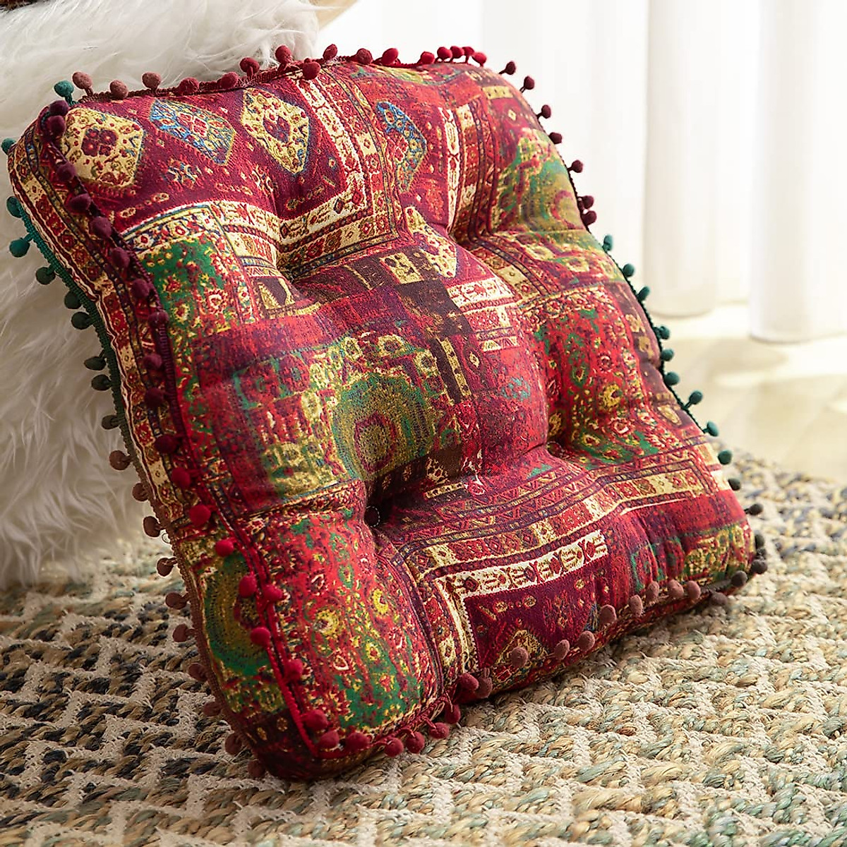 vctops Christmas Red Bohemian Patchwork Square Chair Seat Cushions for Dining Kitchen Office Chairs Patio Soft Cotton Linen Chair Pads (Red,16"x16")