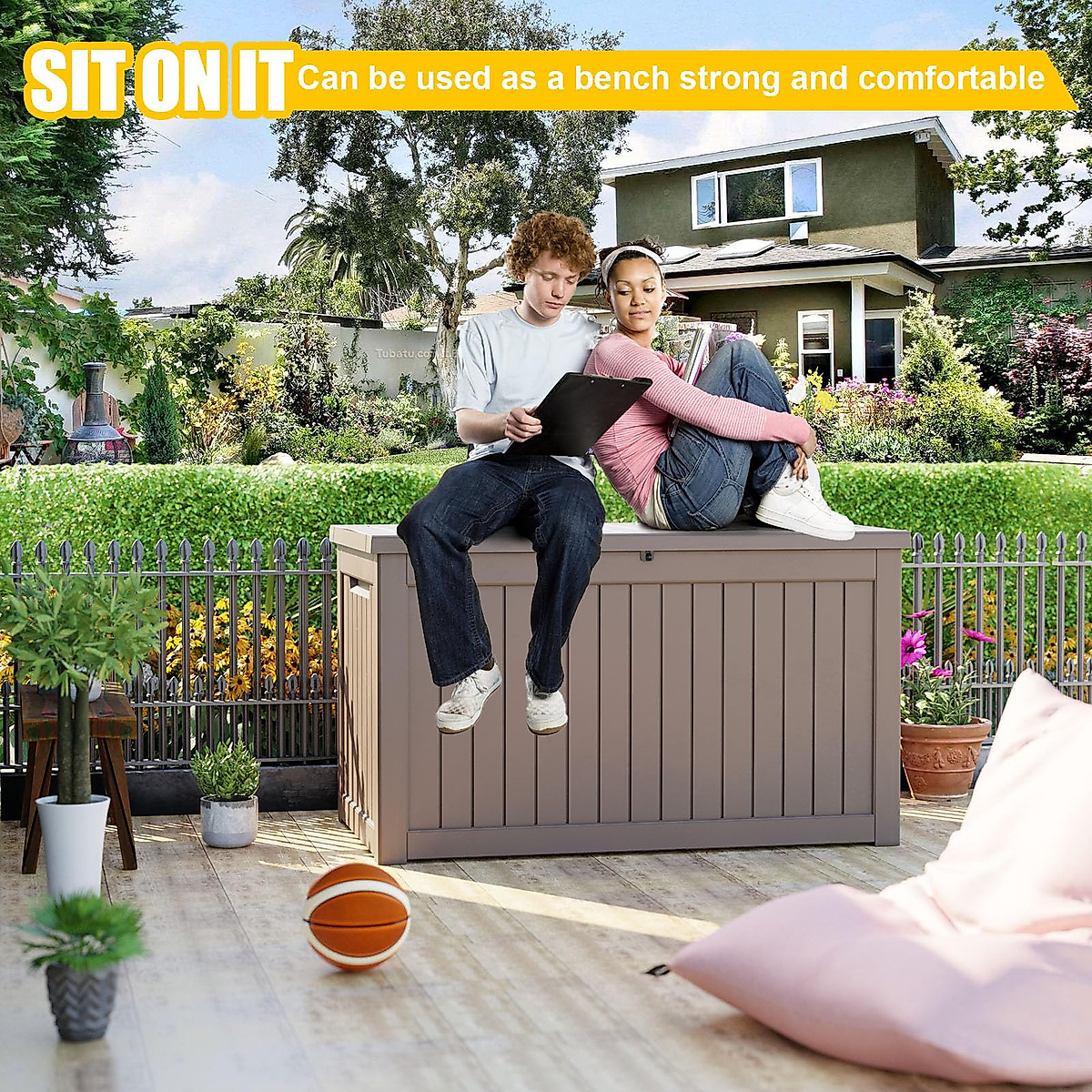 PatioZen 230 Gallon Large Deck Box,Resin Outdoor Storage Box with Lockable for Patio Furniture, Pool Accessories, Garden Tools Waterproof Outside Storage Box, Light Brown