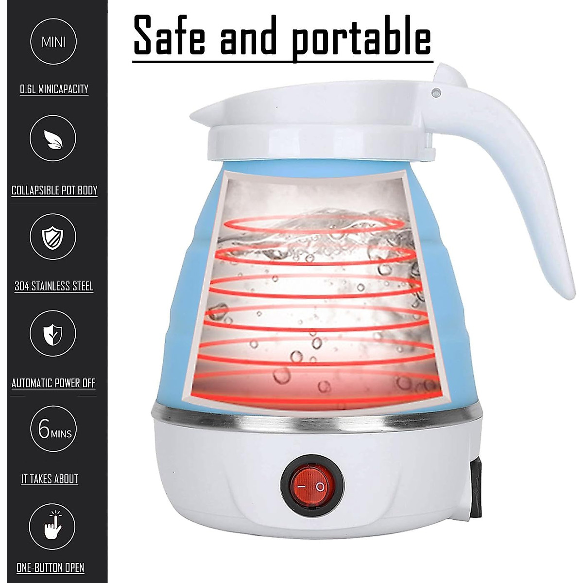 Foldable Electric Travel Kettle - Portable and Convenient Silicone Collapsible Water Boiler and Tea Pot for Camping - Easy Storage with Detachable Power Cord （Blue）