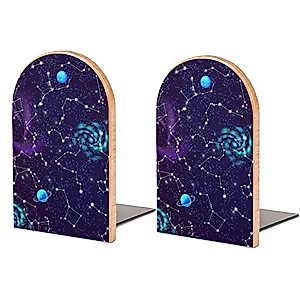 Space Zodiac Constellations Galaxies Planets Wood Book Ends for Shelves Non-Skid Bookend Book Stand Book Holder Stopper for Home Office School