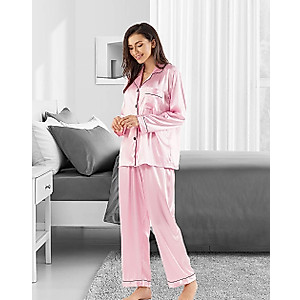 Ladieshow Silk Pjs for Women Set,Long Sleeve Button Down Sleepwear Pjs Set Loungewear Pink