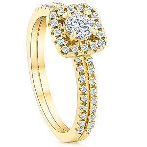 5/8 Ct TDW Diamond Cushion Halo Engagement Wedding Ring Set Yellow Gold - Size 6