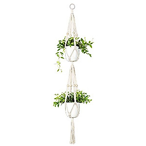 Mkono Macrame Double Plant Hanger Indoor Outdoor 2 Tier Hanging Planter Basket Cotton Rope with Beads 4 Legs 49 Inches