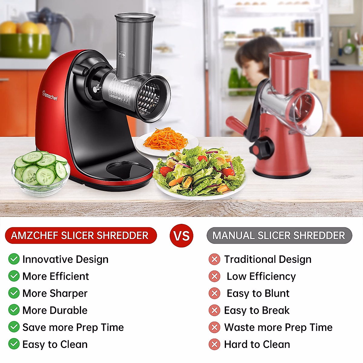 AMZCHEF Slow Masticating Juicer Bundled with Slicer Shredder Attachments, Cold Press Juicer With Silent Motor and Reverse Function,3 Interchangeable blades for Juicing and Shredding Cheese