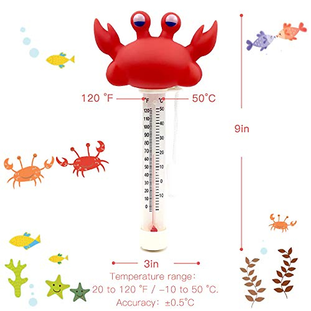 XY-WQ Floating Pool Thermometer, Large Size Easy Read for Water Temperature with String for Outdoor and Indoor Swimming Pools and Spas (Crab)