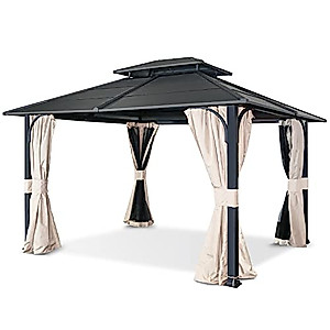 EAGLE PEAK 12x14 Outdoor Steel Frame Hardtop Gazebo Pavilion with Double Roof for Garden, Patio, Lawn and Party, Mosquito Mesh Netting and Light Beige Privacy Curtains Included, Black