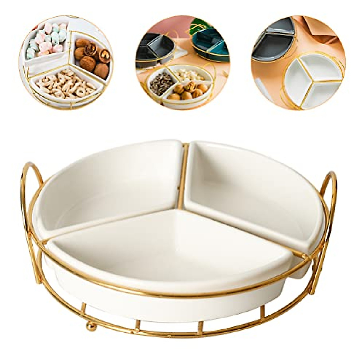 Angoily Ceramic Divided Serving Tray with Handles, 3 Sectional Appetizer Serving Tray, Round Veggie Tray for Serving for Party for Fruit, Candy, Snacks, Parties (White)