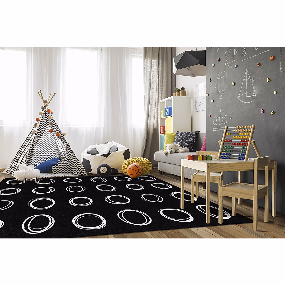 Flagship Carpets Circle Sampler Abstract Educational Area Rug, 7'6" x 12', Black & X-ACTO Pencil Sharpener, School Pro Electric Pencil Sharpener, with Six Size Dial, XL Shavings Bin, Black, 1 Count