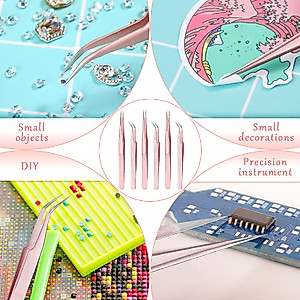 Mudder 6 Pcs Lash Tweezers Precision Eyelash Tweezers for Lash Extension, Straight and Curved Tip, Stainless Steel for False Volume Eyelash Application Tools(Rose Gold)