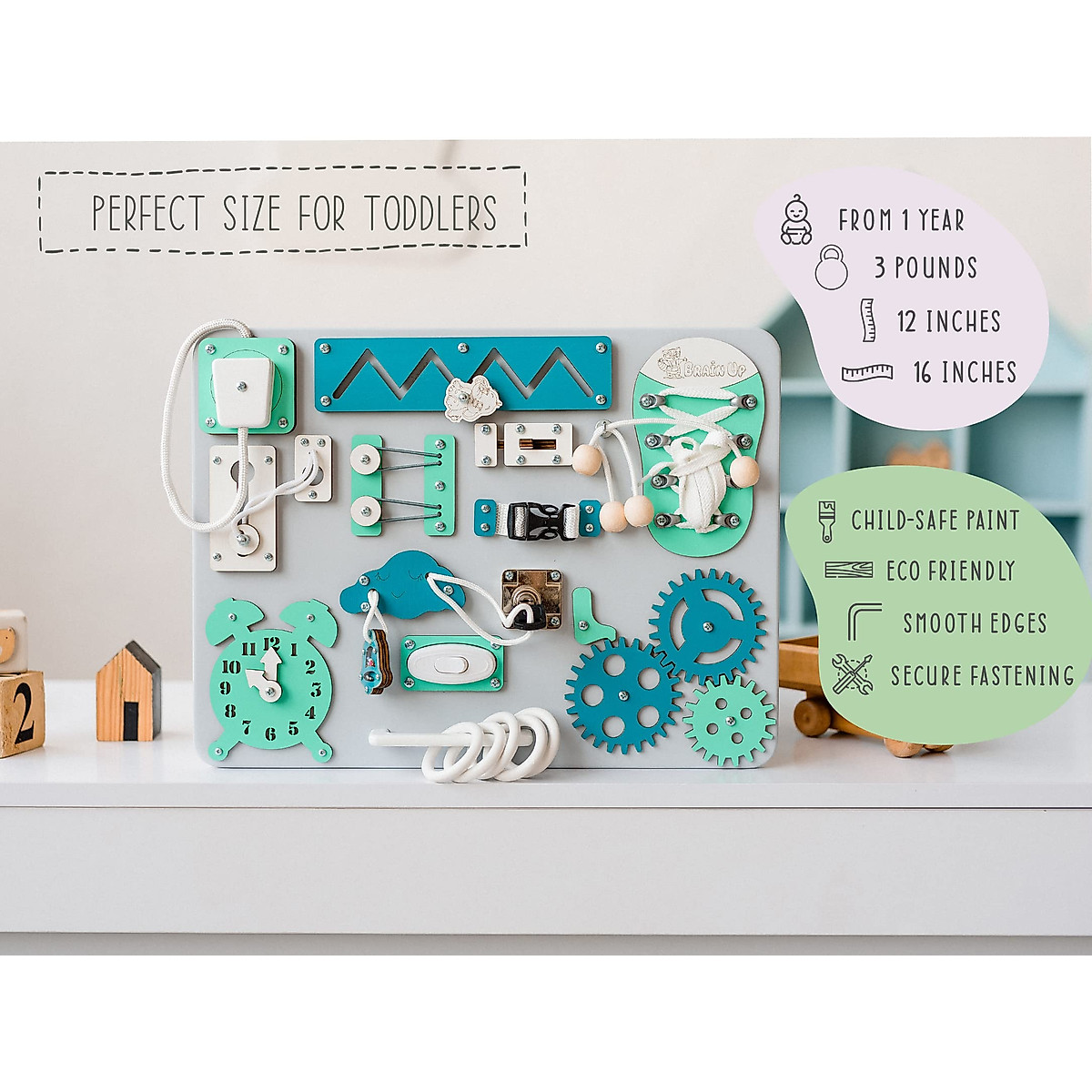 Sensory and Activity Busy Board for Toddlers - Made in Ukraine BD Gift for Boy and Girl, Baby, Kids, Children - Learning, Education, Travel (Gray Blue Mint) Wooden