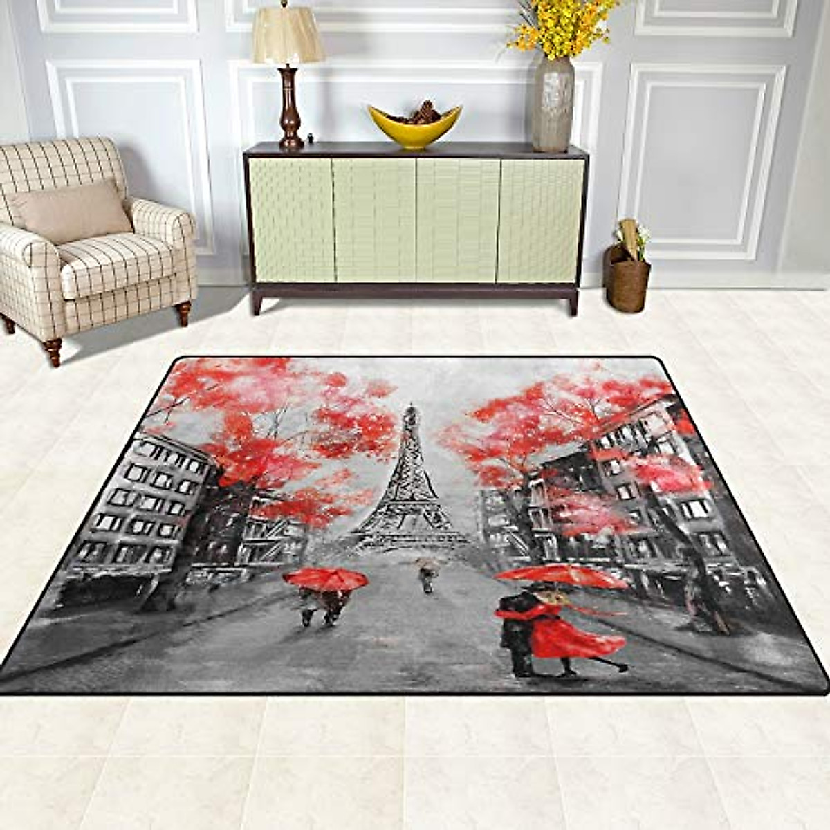 ALAZA France Paris Eiffel Tower Blossom Non Slip Area Rug 5' x 7' for Living Dinning Room Bedroom Kitchen Hallway Office Modern Home Decorative