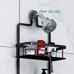UDENIS Haning Shower Cadddy Bathroom Organizer for Shampoo,Conditioner,Soap,with Hooks for Razors,Towels,Over Shower Head Shelf Aluminum 3Tier black