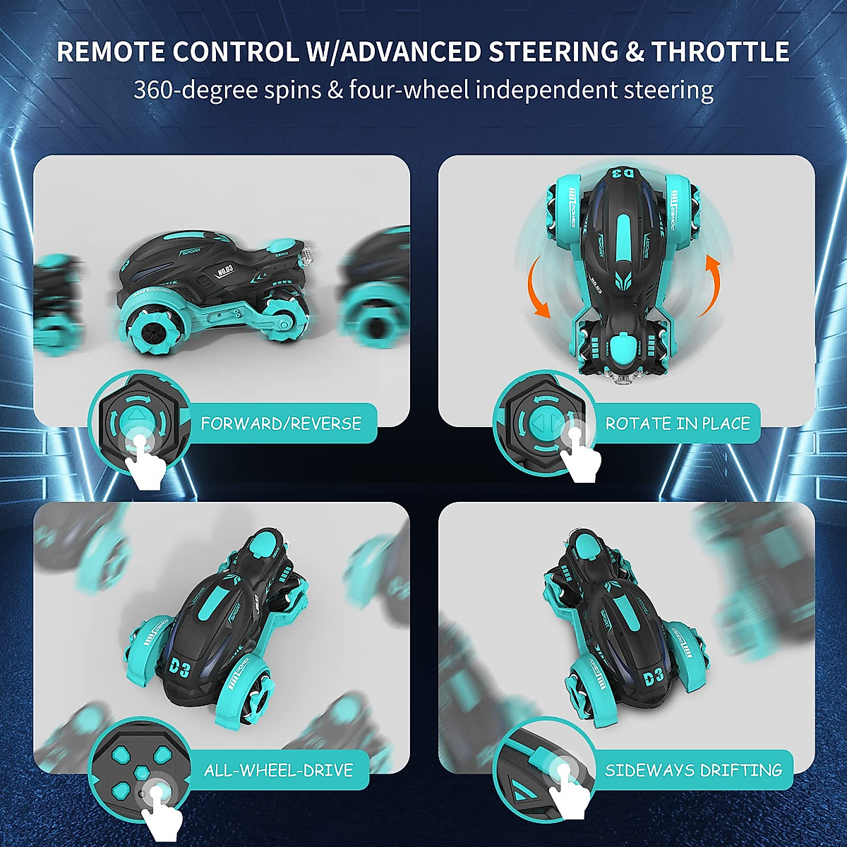 AONGAN Remote Control Car - 2.4 GHz RC Stunt Car 4WD w/Mecanum Wheels, All-Terrain Tires & All Directions, Lights Music & Spray Function Gifts Toys for Boys Girls 5 6 7 8 9 Years Old (Blue)