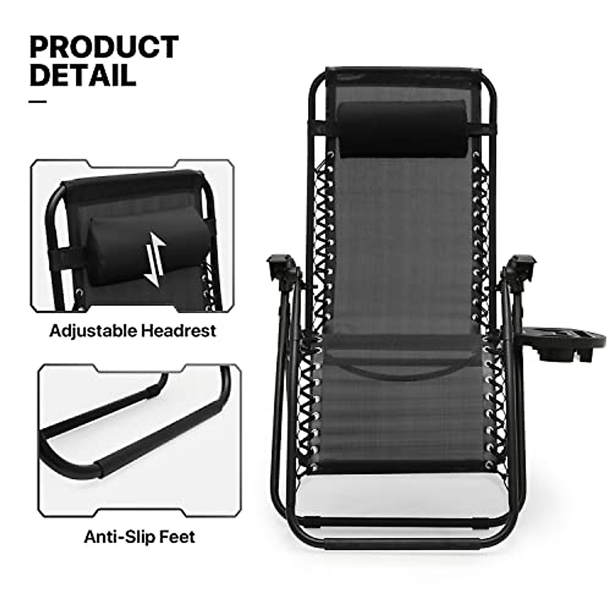 MoNiBloom 2 Pack Patio Zero Gravity Chair Outdoor Folding Adjustable Reclining Black Chairs Pool Side Beach Lawn Lounge Chair with Pillow and Cup Holder, 330lbs Capacity, Black