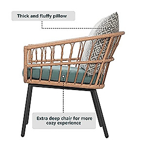 Super Patio 3 Piece Patio Set, Outdoor Furniture Wicker Bistro Set Rattan Chair Conversation Sets with Coffee Table and Cushions, Turquoise/Gray