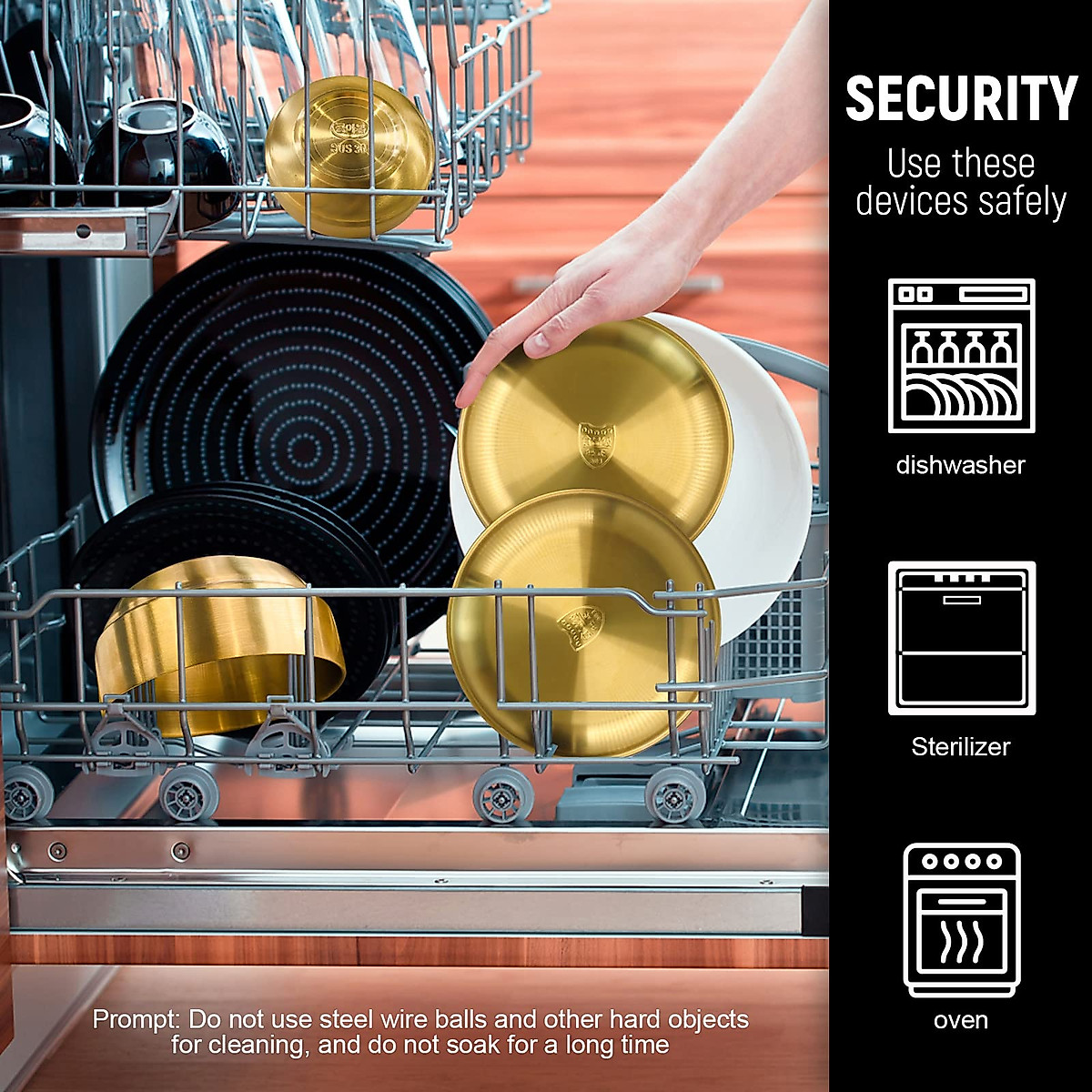 6 Piece Shatterproof Cutlery Set, 6.7 Inch Double Padded Dinner Plate, 5.1 Inch Gold Soup Bowl,3.5 Inch Sauce Dish,Plate and Bowl Set, Stainless Steel Plate Set for Home Kitchen Outdoor Camping (Gold)