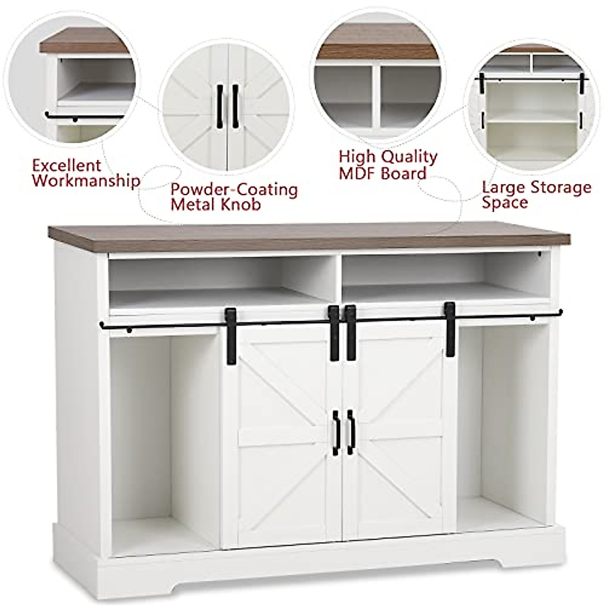 MFSTUDIO Farmhouse Coffee Bar Cabinet, 52" Sideboard Buffet Storage Cabinet TV Stand with Sliding Barn Door for Kitchen Dining Room Living Room, Ivory