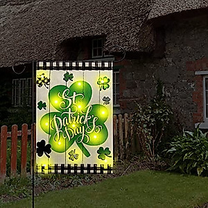 St Patricks Day Lighted Garden Flag 12x18 Double Sided Buffalo Check Plaid Durable Burlap Shamrock Garden Flag with Led Lights for Lawn Party St Patricks Day Outdoor Decorations (Style 1)