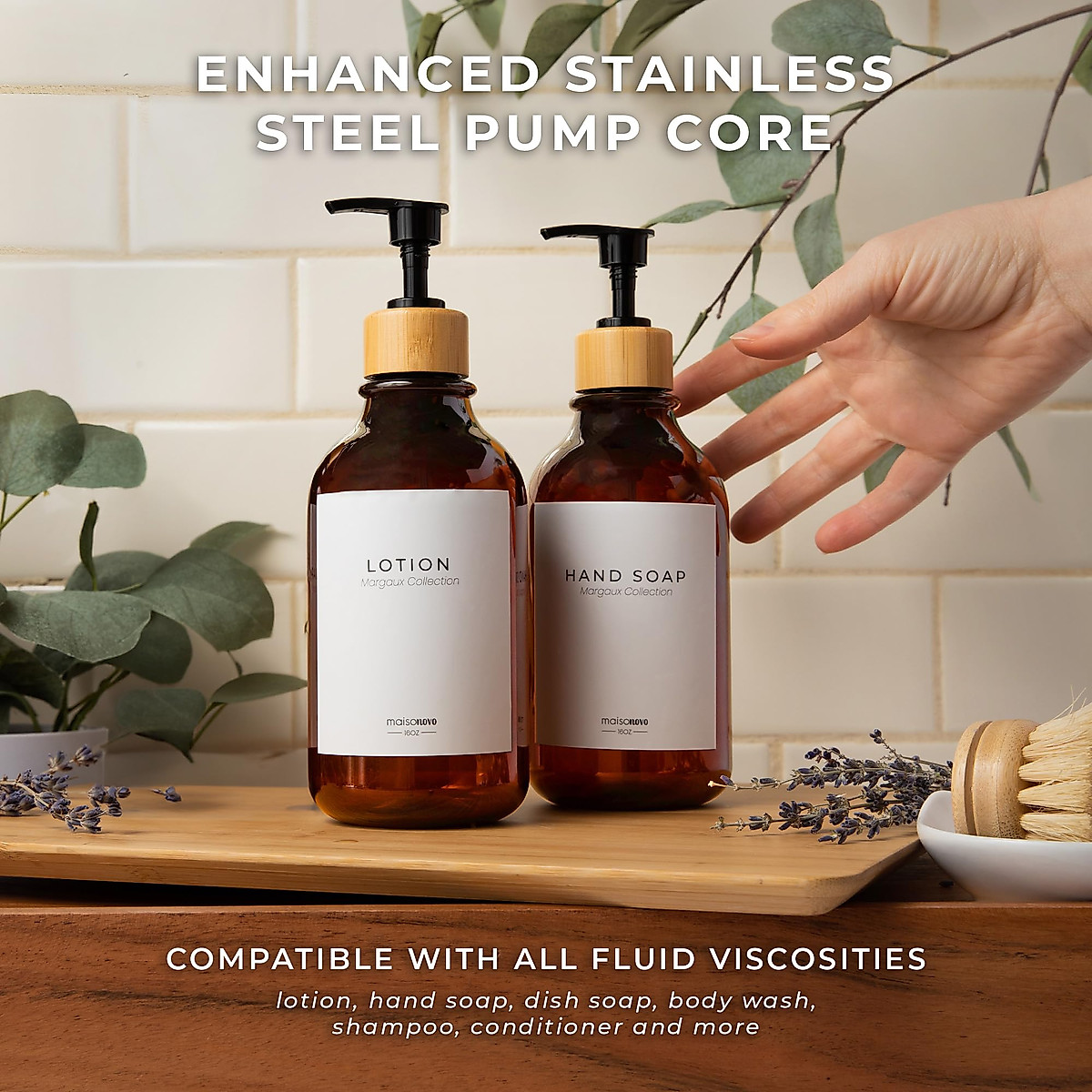 MaisoNovo Soap Dispenser 3-Piece Set | 16.9oz Amber Bottles with Black Bamboo Pumps