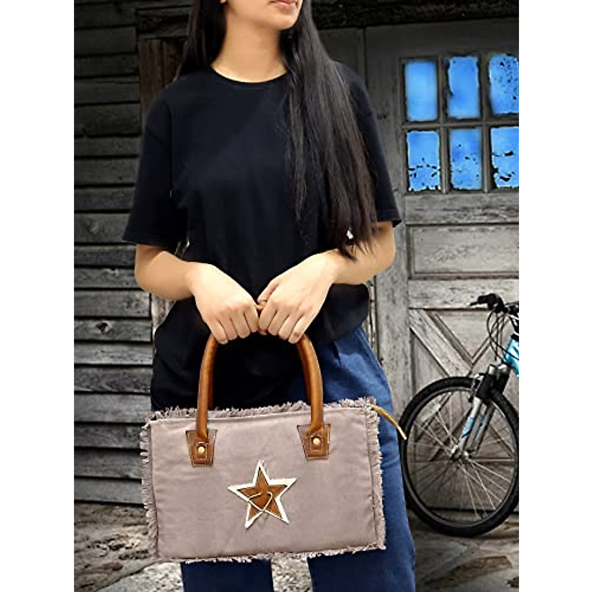 Ruzioon Upcycled Canvas Hand Bag, Upcycled Canvas & Cowhide Leather Tote Bag, Canvas Tote Bag for Women, Radiant Canvas Shoulder Bag